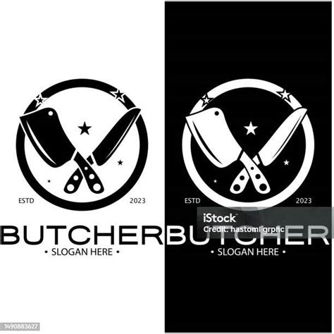 정육점 칼 빈티지 로고 일러스트 요리사 칼 로고 템플릿 비즈니스 배지 레스토랑 도살장 정육점 카페 브랜드 및 칼 가게 현대적인 간단한 미니멀리스트 벡터 개념으로 고기에 대한