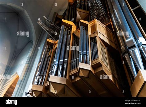 low angle of wooden pipe organ in majestic hallgrimskirkja church