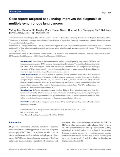 Pdf Case Report Targeted Sequencing Improves The Diagnosis Of Multiple Synchronous Lung Cancers