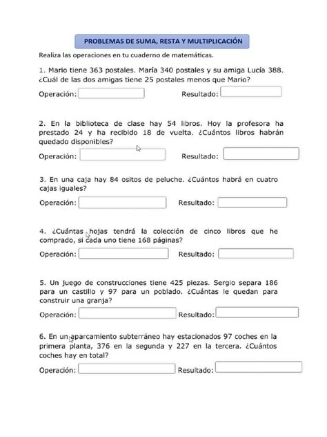 Problemas De Suma Resta Y Multiplicación Pdf