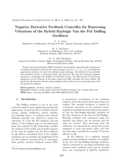 Pdf Negative Derivative Feedback Controller For Repressing Vibrations Of The Hybrid Rayleigh−