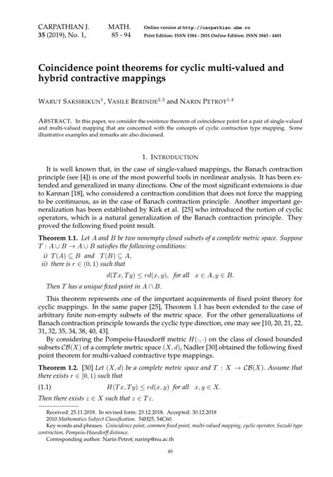 Pdf Coincidence Point Theorems For Cyclic Multi Valued And Hybrid