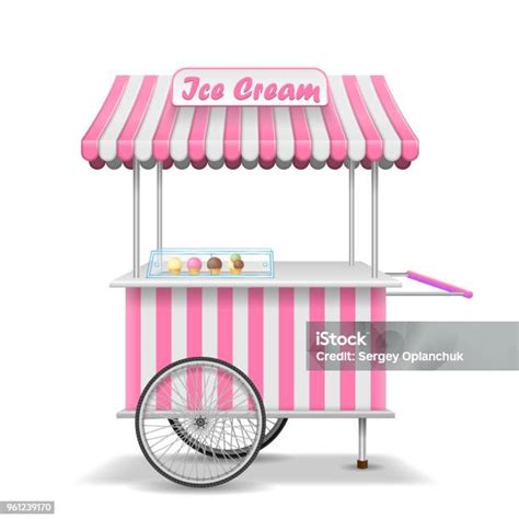 바퀴와 실제 거리 음식 카트입니다 모바일 핑크 아이스크림 시장 축 사 서식 파일입니다 아이스크림 키오스크 매장 이랑 벡터 일러스트 레이 션 카트에 대한 스톡 벡터 아트 및