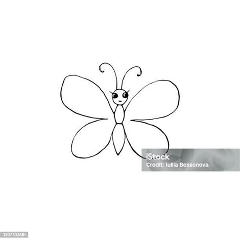 만화 스타일의 낙서에 그려진 눈으로 귀여운 나비를 윤곽 봄 여름 엽서에 대 한 심플한 윤곽 디자인 요소 아이들을위한 창의력 유치원 교육을위한 템플릿 검은색에 대한 스톡 벡터