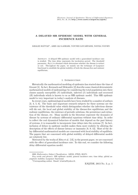 Pdf A Delayed Sir Epidemic Model With General Incidence Rate