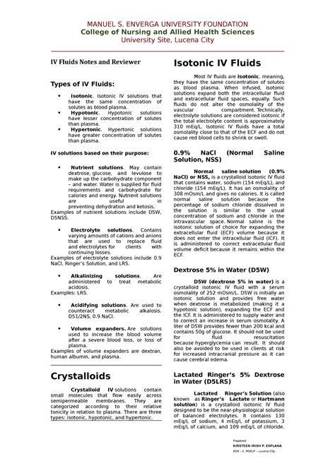 Iv Fluids Notes And Reviewer Manuel S Enverga University Foundation