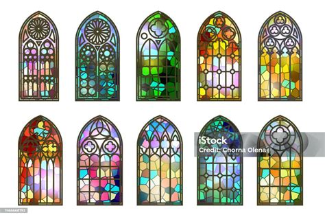 고딕 양식의 스테인드 글라스 창문 교회 중세 아치입니다 가톨릭 성당 모자이크 프레임 오래 된 건축 디자인입니다 벡터 세트