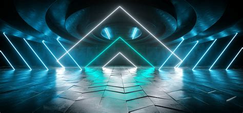 공상 과학 소설 미래 레이저 네온 단계 연단 터널 복도 복도 차고 활기찬 흰색 파란색 반사 그런지 콘크리트 가상 사이버 팬텀 밤 어두운 삼각형 타원형 3d 렌더링 초현대적에