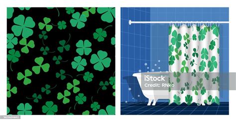 욕조와 커튼이 있는 욕실 내부는 3개와 4개의 잎 클로버 이음매 없는 패턴으로 장식되어 있습니다 클로버 잎 꽃 장식입니다 벡터 그림 포스터 디자인 장식 직물에 인쇄 샤워