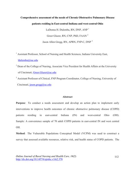 Pdf Comprehensive Needs Assessment Of Copd Patients Residing In East Central Indiana And West