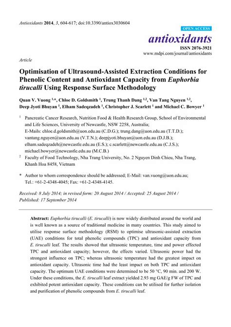 Pdf Optimisation Of Ultrasound Assisted Extraction Conditions