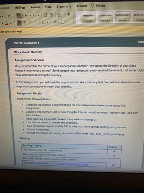 Worksheet Memory Assignment Overview Do You Remember