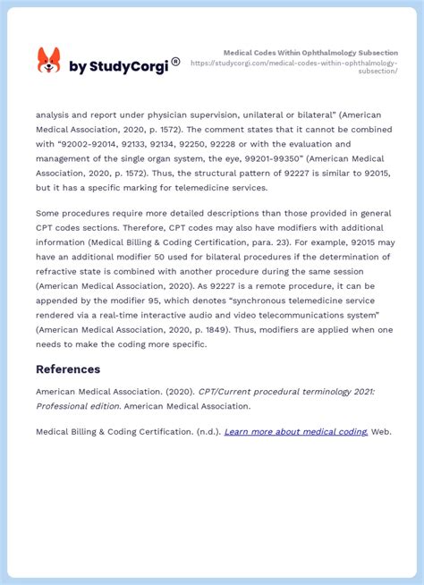 Medical Codes Within Ophthalmology Subsection Free Essay Example