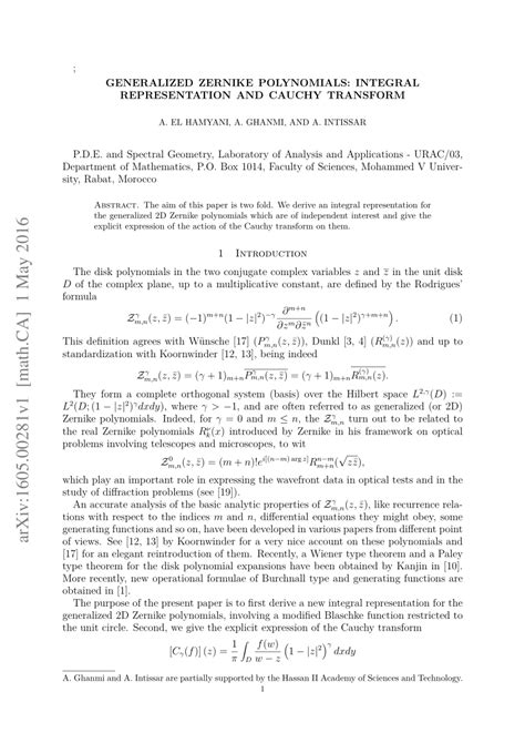 Pdf Generalized Zernike Polynomials Integral Representation And Cauchy Transform