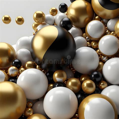 Cluster Of Abstract Spheres And Solids Gold White And Black 3d Render Stock Illustration