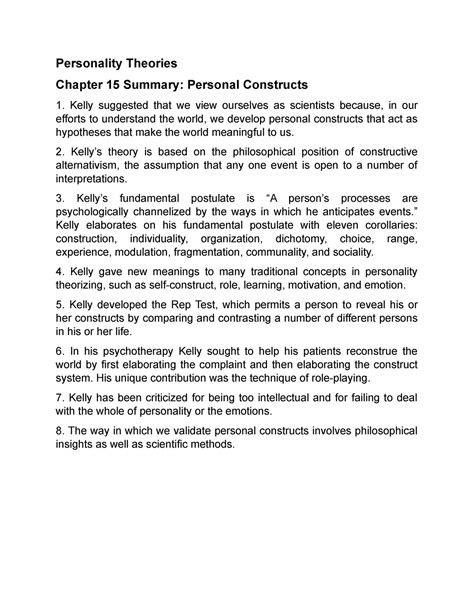 Personal Constructs Summary Personality Theories Chapter 15 Summary