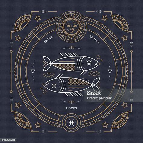 빈티지 여윔 꺾은선형 물고기자리 별자리 레이블입니다 뇌졸중 외형선 일러스트레이션 점성술 기호에 대한 스톡 벡터 아트 및 기타 이미지 점성술 기호 고풍스런 기하 도형