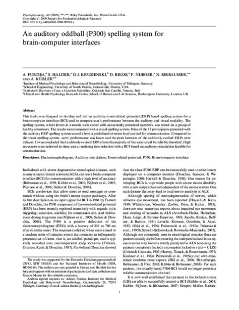 Pdf An Auditory Oddball P300 Spelling System For Brain Computer