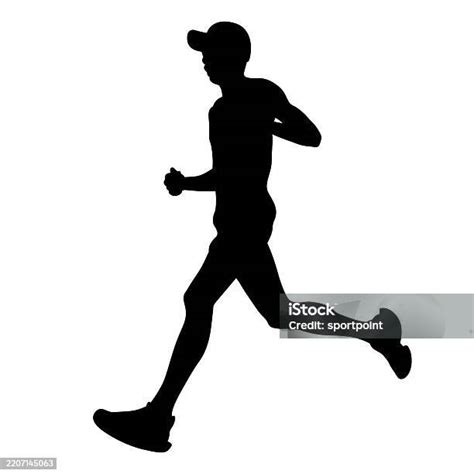 모자를 쓴 러너 러닝 마라톤은 흰색 배경에 윤곽이 그려진 실루엣입니다 건강한 생활방식에 대한 스톡 벡터 아트 및 기타 이미지 건강한 생활방식 검은색 경쟁 Istock