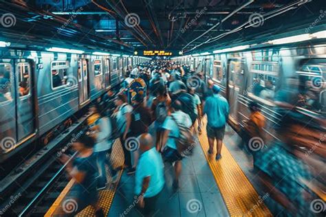 A Busy Subway Platform With A Group Of Commuters Walking Hurriedly To