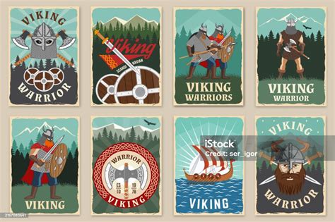 바이킹 전사 복고풍 포스터 세트입니다 벡터 일러스트 레이 션입니다 전단지 브로셔 십자가 전투 도끼 검 및 북유럽 선박과 헬멧에