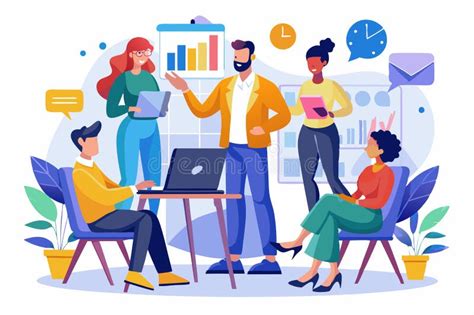 A Diverse Team Engages In A Standup Meeting With Visual Aids And A Laptop Fostering