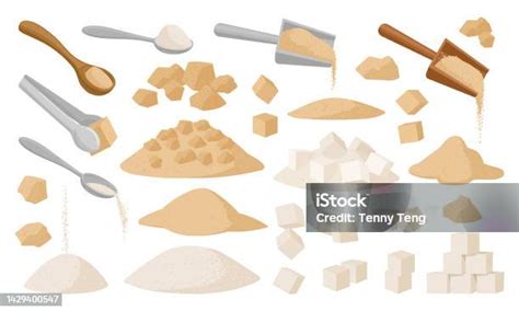 만화 설탕 달콤한 요리 재료 더미 큐브 또는 분말 숟가락이나 그릇에 흰 설탕 조미료 플랫 벡터 일러스트 레이 션 세트 천연