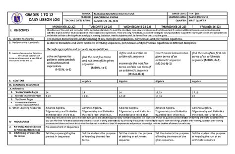 Dll Math 10 Q1 Daily Lesson Log For Mathematics 10 Aug 22 26 2022