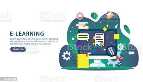 컴퓨터도 서와 연구 과정에서 작은 사람들이 문자 E학습 개념 전자도 서 또는 온라인 교육입니다 웹 페이지 배너 프레 젠 테이 션 소셜 미디어 및 인쇄 자료에 대 한 템플릿