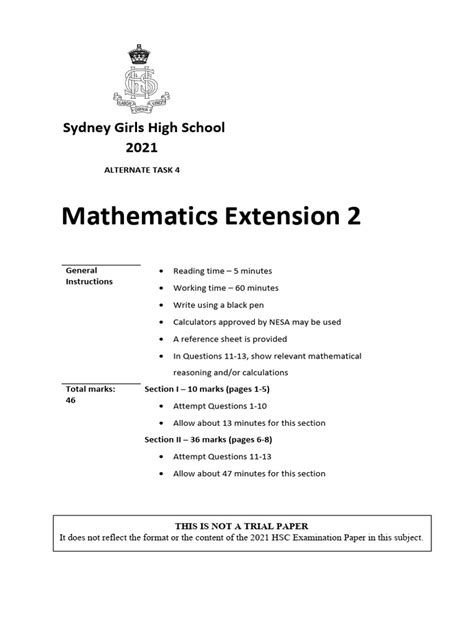 Sydney Girls 2021 Maths Ext 2 Trials Pdf