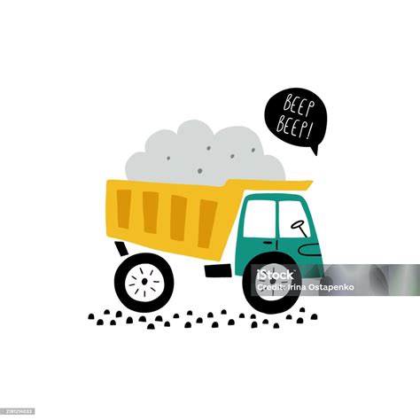 경고음 귀여운 만화 아기 소년 포스터 와 자동차 트럭 만화 스타일 직물 직물 엽서 의복 또는 아이 방 디자인을 위한 귀여운 차와 벡터 인쇄 일러스트레이션에 대한 스톡 벡터