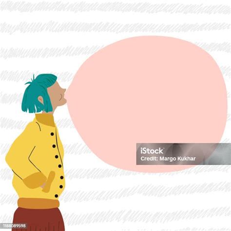 분홍색 츄잉 껌 거품소녀 잇몸 풍선을 만드는 젊은 여자 텍스트 에 대한 공간이 흰색 배경에 격리 다채로운 패션 벡터 그림 여성 캐릭터 손으로 그린 만화 스타일 풍선껌에 대한