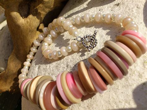 Nude Button Necklace Made With Vintage Glass Beads And Reclaimed Buttons Button Necklace