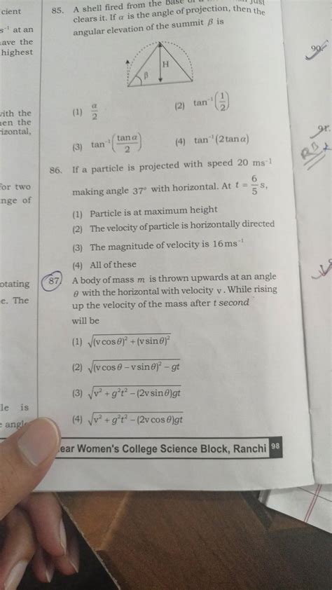 if a particle is projected with speed 20 ms−1 making angle 37∘ with horiz
