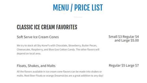 skykone ice cream menu in ackley iowa usa