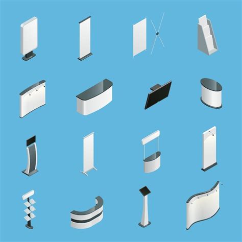 전시회 홍보 스탠드 격리 아이소 메트릭 아이콘 설정 무료 벡터