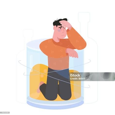 슬픈 알콜 중독자 캐릭터가 위스키 한 잔에 서 있습니다 알코올 중독의 개념 문제 의존 나쁜 습관 플랫 스타일의 벡터 일러스트레이션 술 마실 것에 대한 스톡 벡터 아트 및