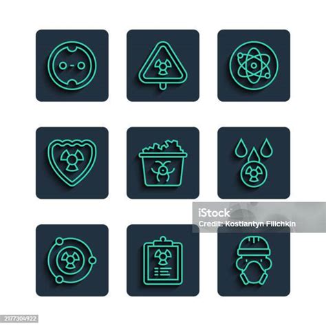 세트 라인 방사능 방사선 경고 문서 원자로 작업자 원자 전염성 폐기물 방패 전기 콘센트 및 산성비 및 방사능 구름 아이콘 벡터