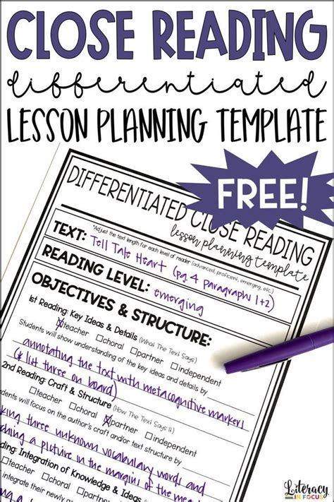 Differentiated Close Reading Lesson Planning Template