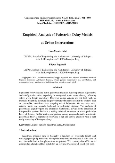 Pdf Empirical Analysis Of Pedestrian Delay Models At Urban Intersections
