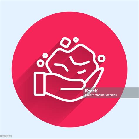 화이트 라인 골드 너겟 아이콘은 긴 그림자 배경으로 분리되어 있습니다 미네랄 바위 빨간색 원 버튼입니다 벡터 0명에 대한 스톡