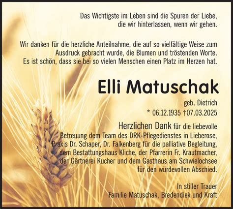 Traueranzeigen Von Elli Matuschak Märkische Onlinezeitung Trauerportal