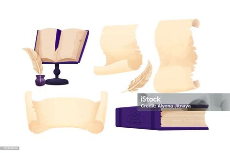양피지 파피루스와 깃털 펜의 오래된 스크롤을 설정 흰색 배경에 고립 만화 스타일의 신비한 책 빈 프레임 장식 골동품 원고 책에 대한 스톡 벡터 아트 및 기타 이미지 Istock