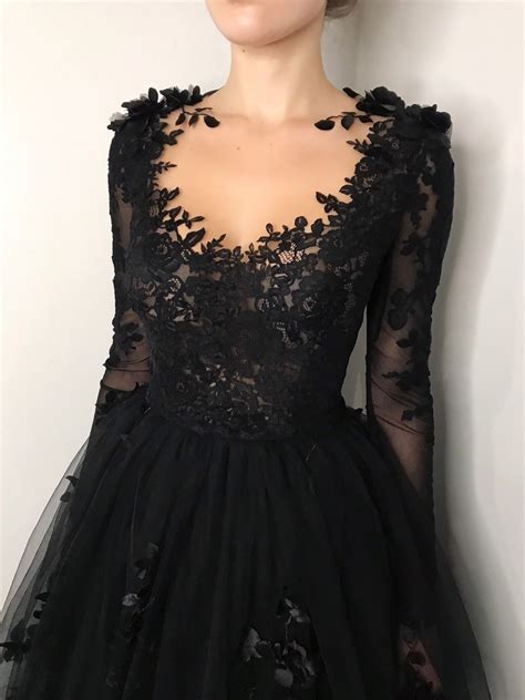 Black Floral Gothic Wedding Dress Black Flower Tulle Lace Dress