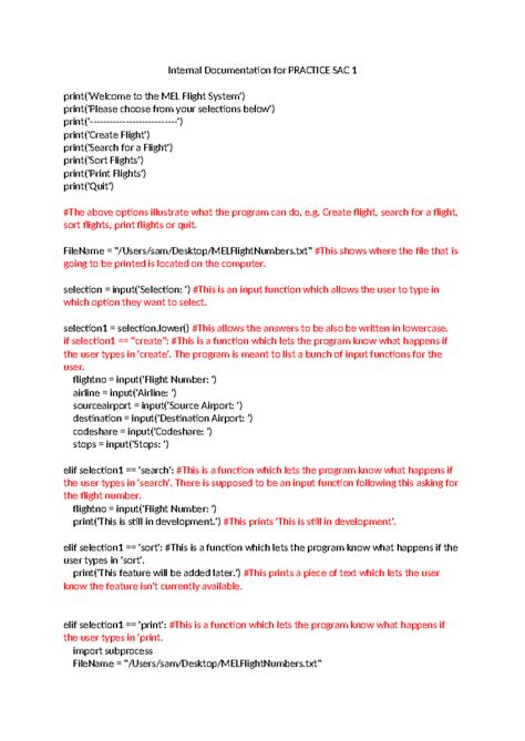 Internal Documentation For Practice Sac 1 Internal Documentation For
