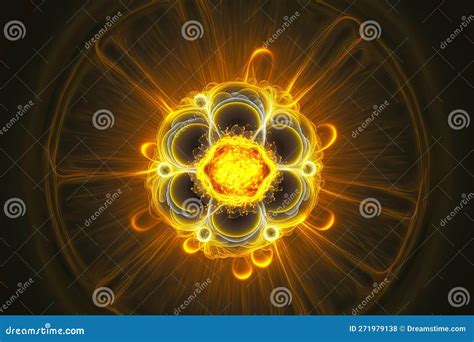Multilayer Atom Orbit With Yellow Glowing Core And Neutrons Around Stock Illustration