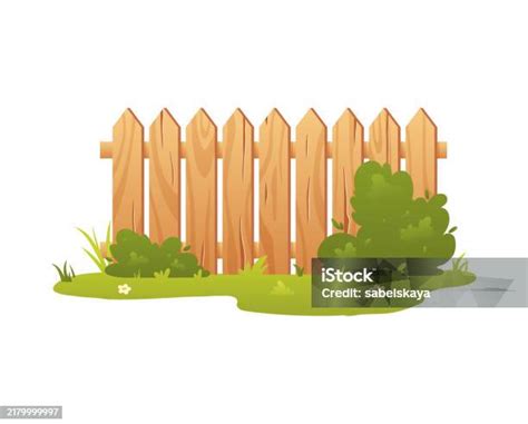 벡터 일러스트 레이 션에서 갈색 색상의 나무 울타리 푸른 잔디와 덤불 사이 0명에 대한 스톡 벡터 아트 및 기타 이미지 0명 갈색 개념 Istock