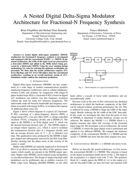 Pdf A Nested Digital Delta Sigma Modulator Architecture For Fractional N Frequency Synthesis