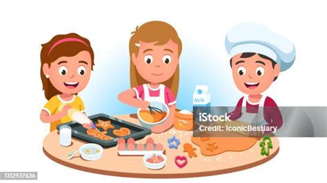 세 아이 베이킹 쿠키 밀가루 계란 우유 반죽 만들기 및 평평하게 섞고 빵집을 베이킹 시트에 크림으로 장식합니다 요리사 모자를 쓴 소년 앞치마 요리에 소녀 플랫 벡터 문자