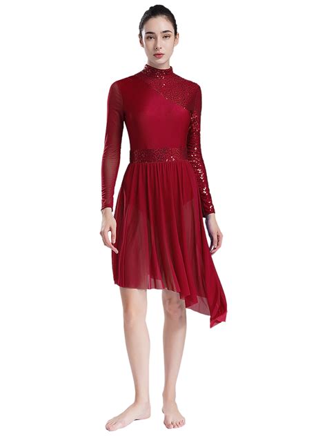 Doomiva Womens Sparkly Sequin Lyrical Dance Dress Long Sleeve Tulle